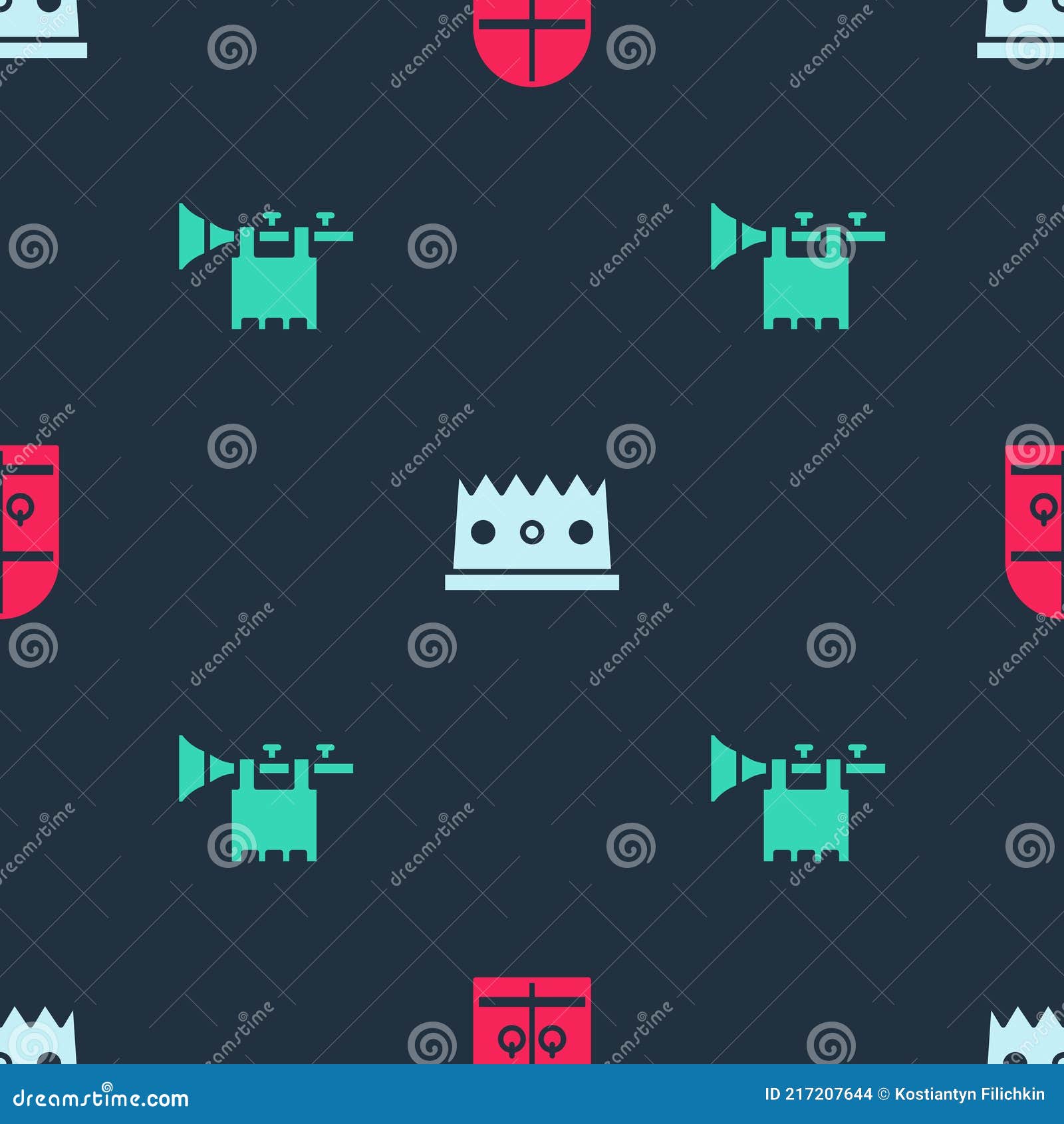 Set Medieval Castle Gate, King Crown and Trumpet with Flag on Seamless ...