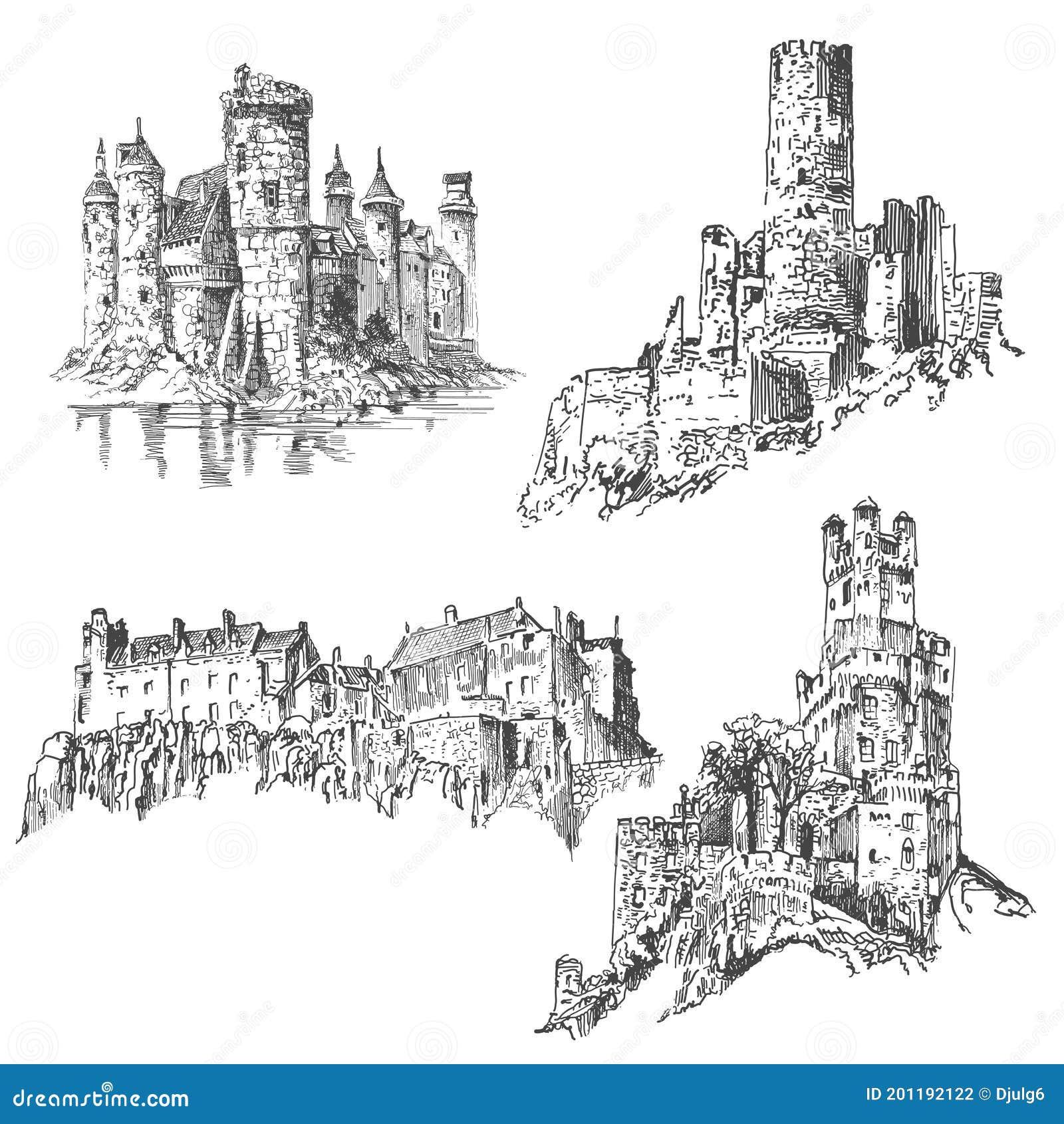 Set of Medieval Castle Isolated on Cream Background. Graphic Drawing ...