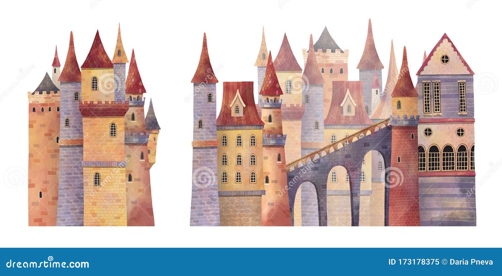 Set of Medieval Castles with Towers and Bridge Stock Illustration ...