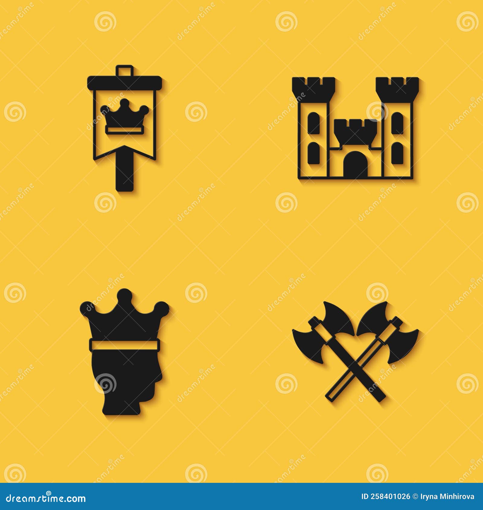 Set Medieval Flag, Crossed Medieval Axes, King Crown and Castle Icon ...