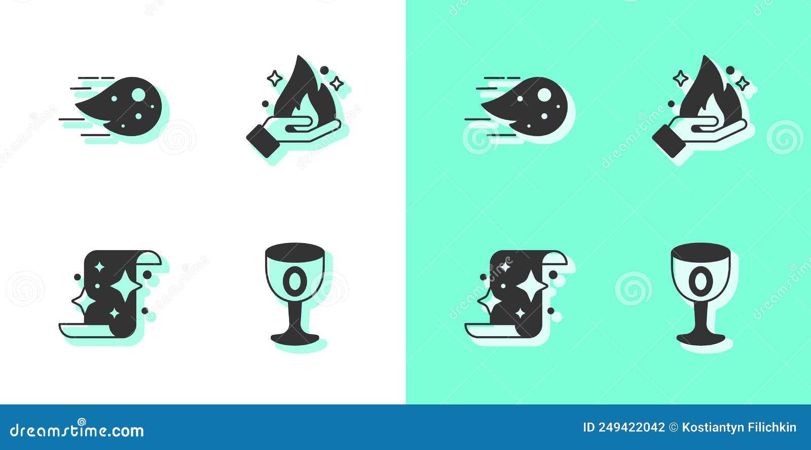 Set Medieval Goblet, Fireball, Magic Scroll and Hand Holding Fire Icon ...