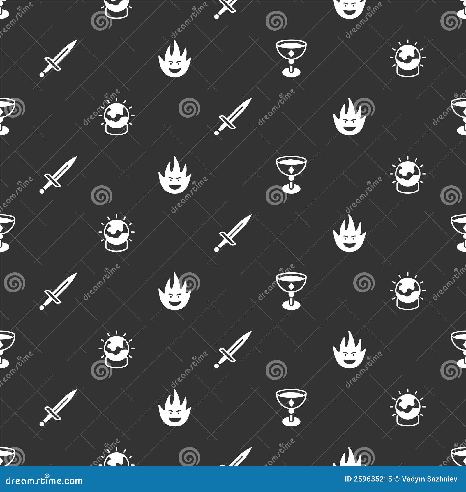 Set Medieval Goblet, Magic Ball, Dagger and Fire Flame on Seamless ...