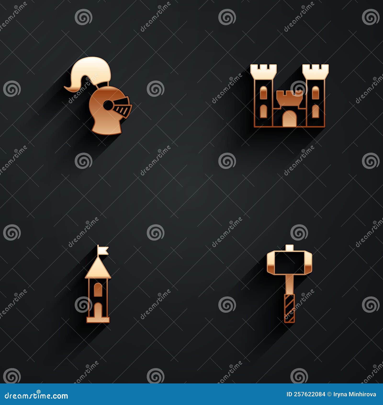 Set Medieval Helmet, Castle, Tower and Battle Hammer Icon with Long ...
