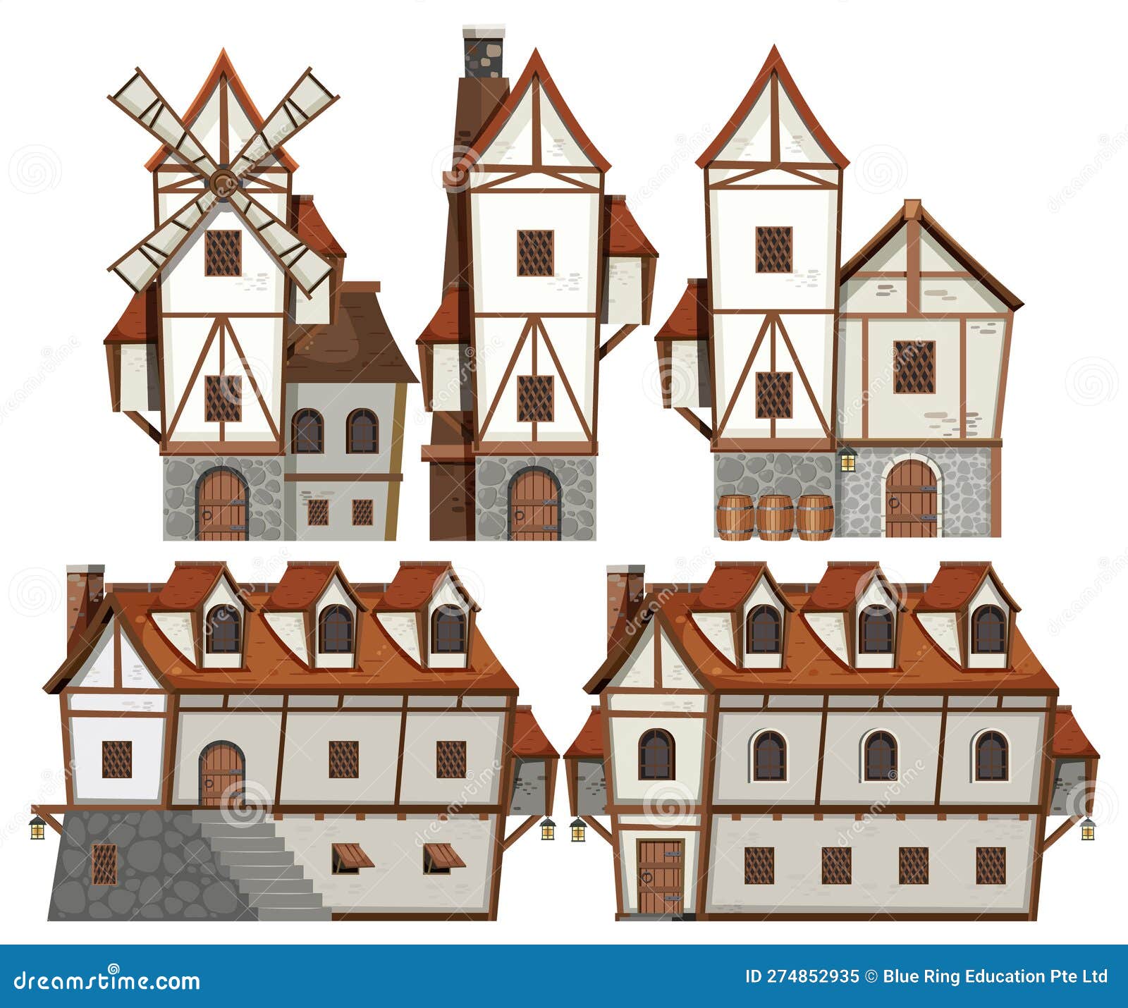 Set of Medieval House and Object Cartoon Stock Vector - Illustration of ...
