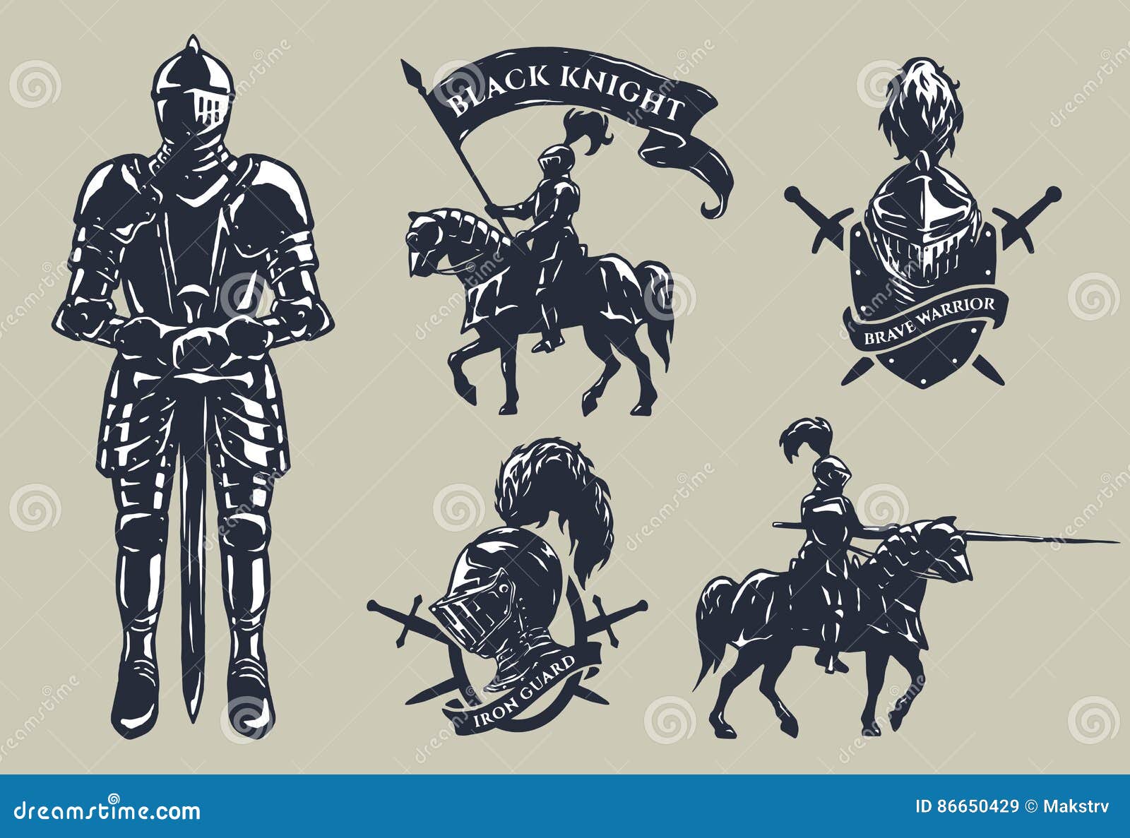 Set of Medieval Knights, Mounted Knights. Stock Vector - Illustration ...