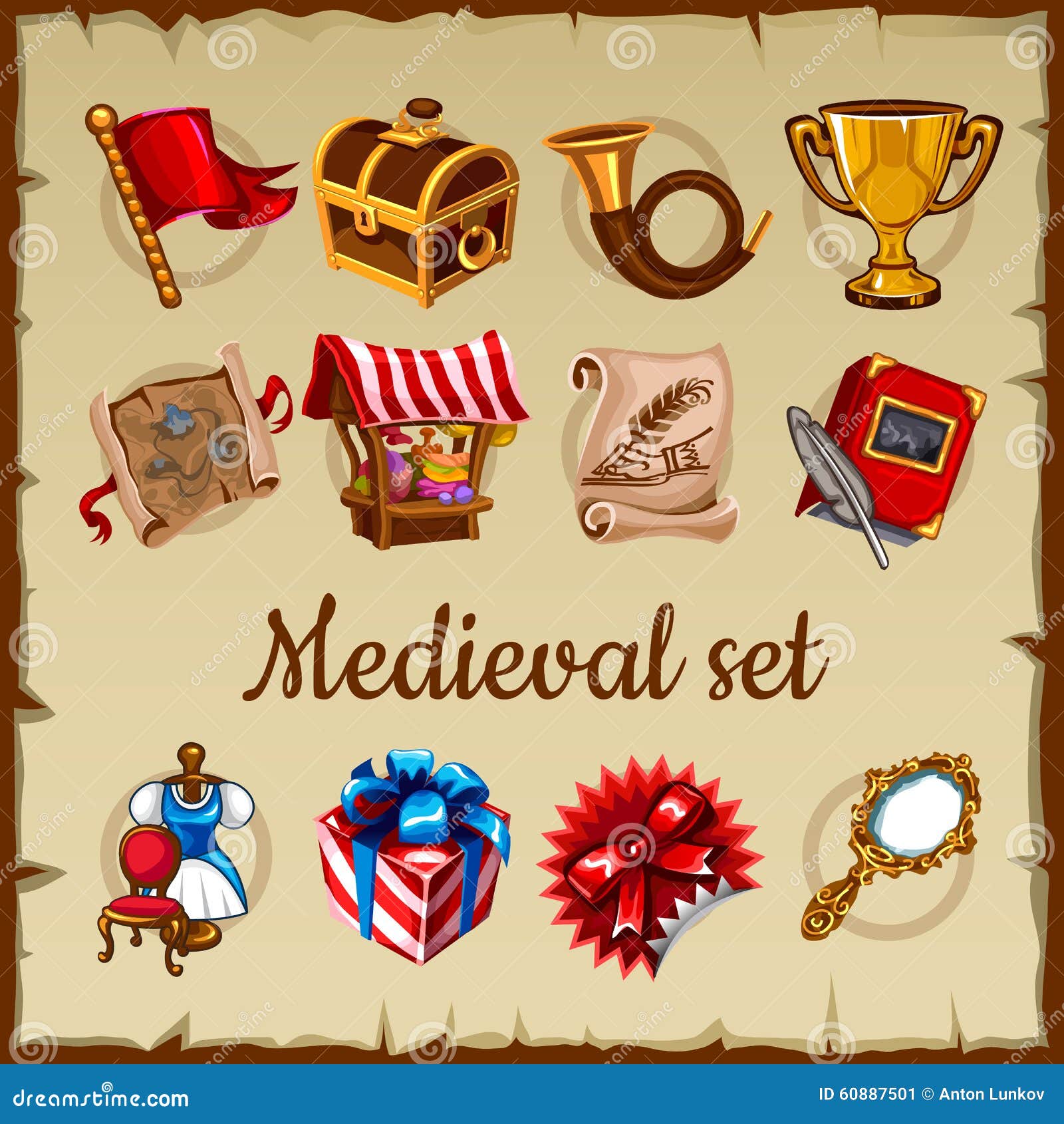 Set of Medieval Object on Parchment Paper Stock Vector - Illustration ...