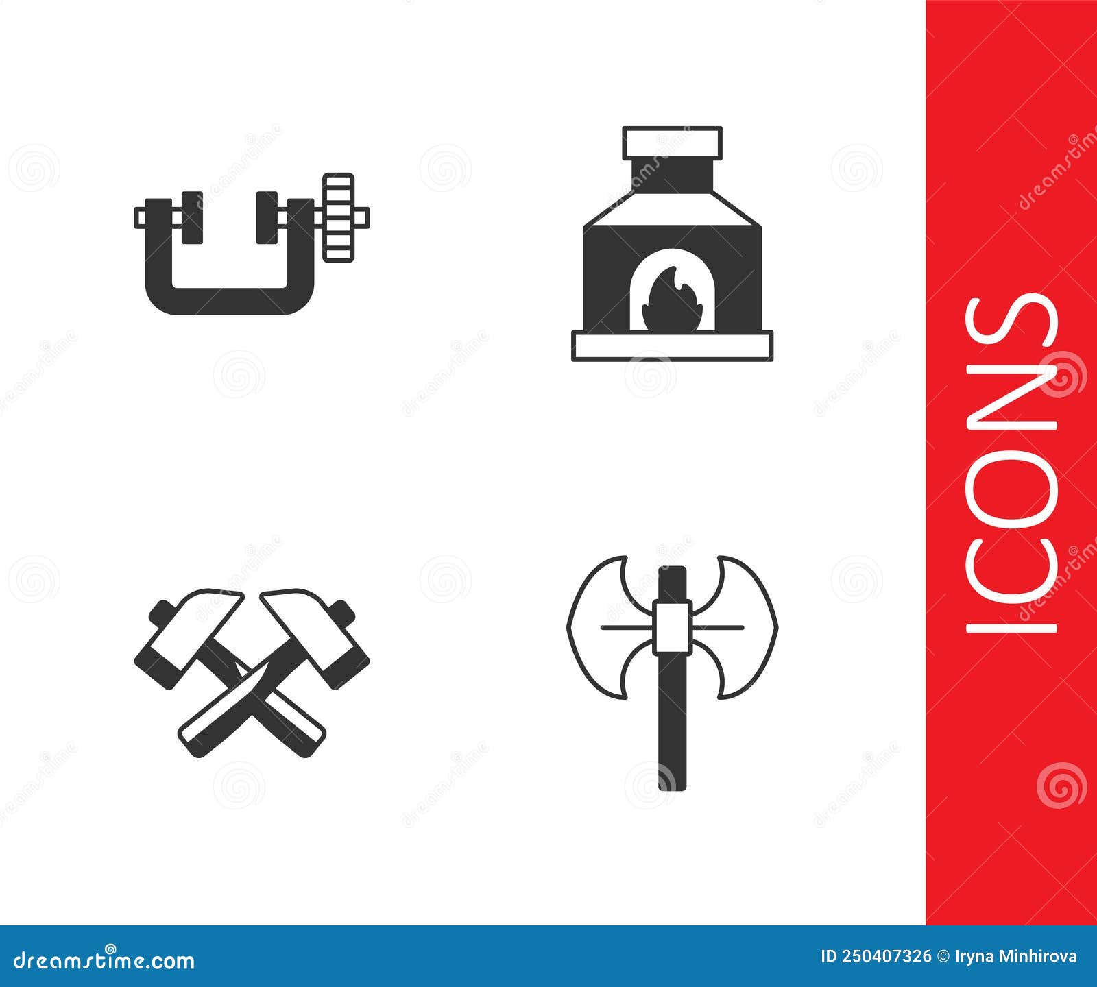 Set Medieval Poleaxe, Clamp and Tool, Crossed Hammer and Blacksmith ...