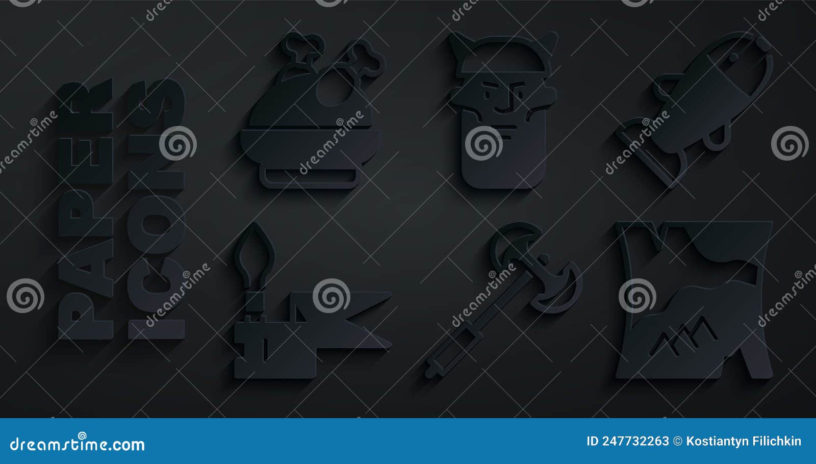 Set Medieval Poleaxe, Fish, Spear, Folded Map, Viking Head and Roasted ...