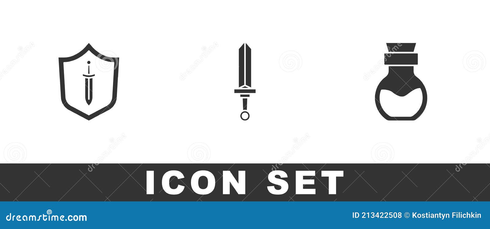 Set Medieval Shield with Sword, and Poison in Bottle Icon. Vector Stock ...