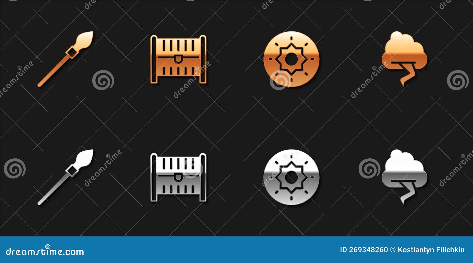 Set Medieval Spear, Antique Treasure Chest, Shield Viking and Cloud and ...