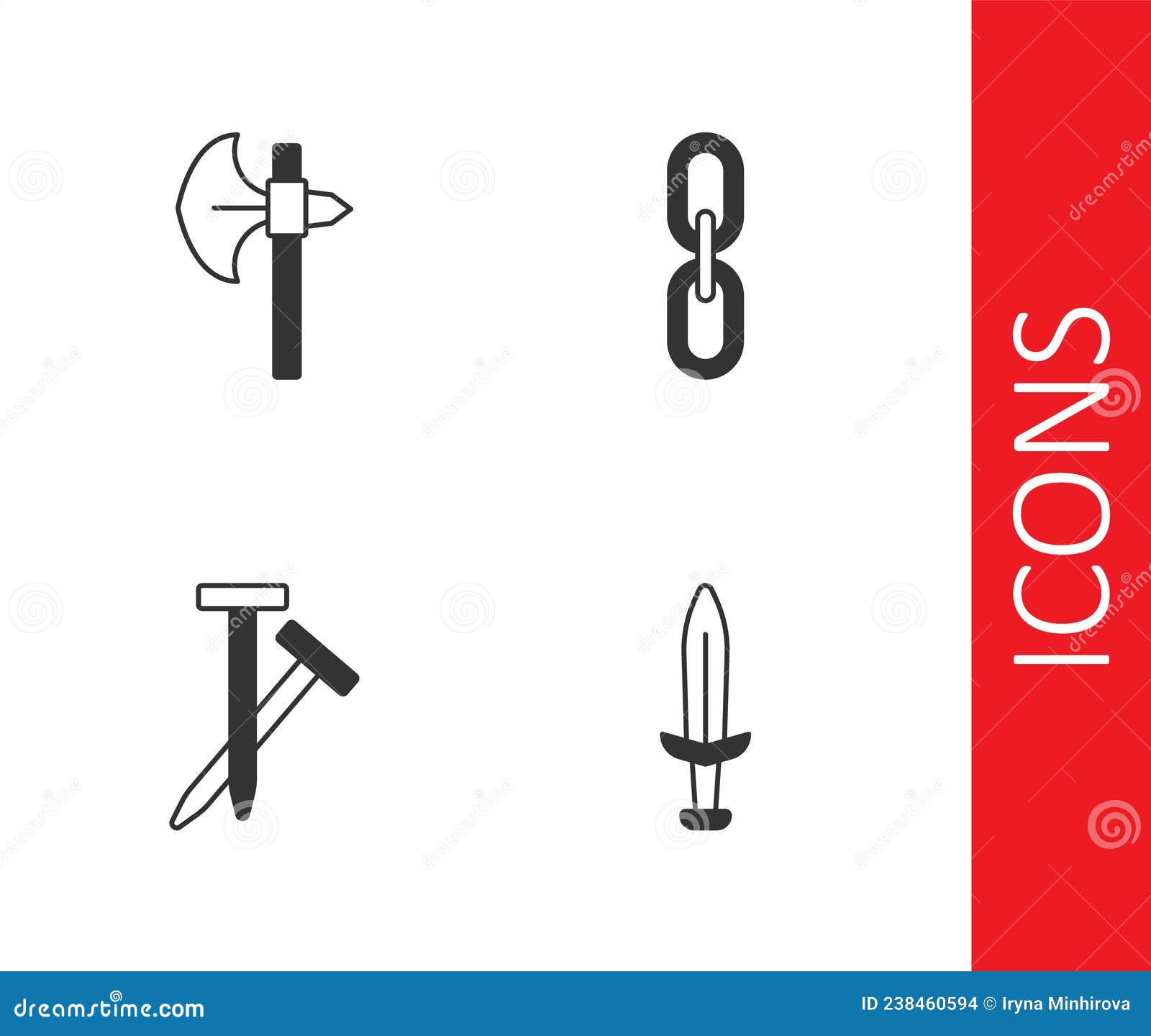Set Medieval Sword, Axe, Metallic Nails and Chain Link Icon. Vector ...