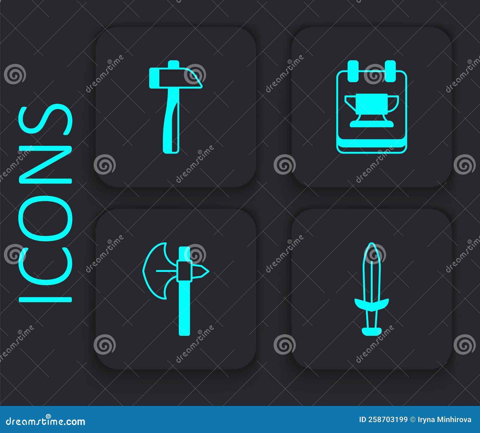 Set Medieval Sword, Hammer, Blacksmith Anvil Tool and Axe Icon. Black ...