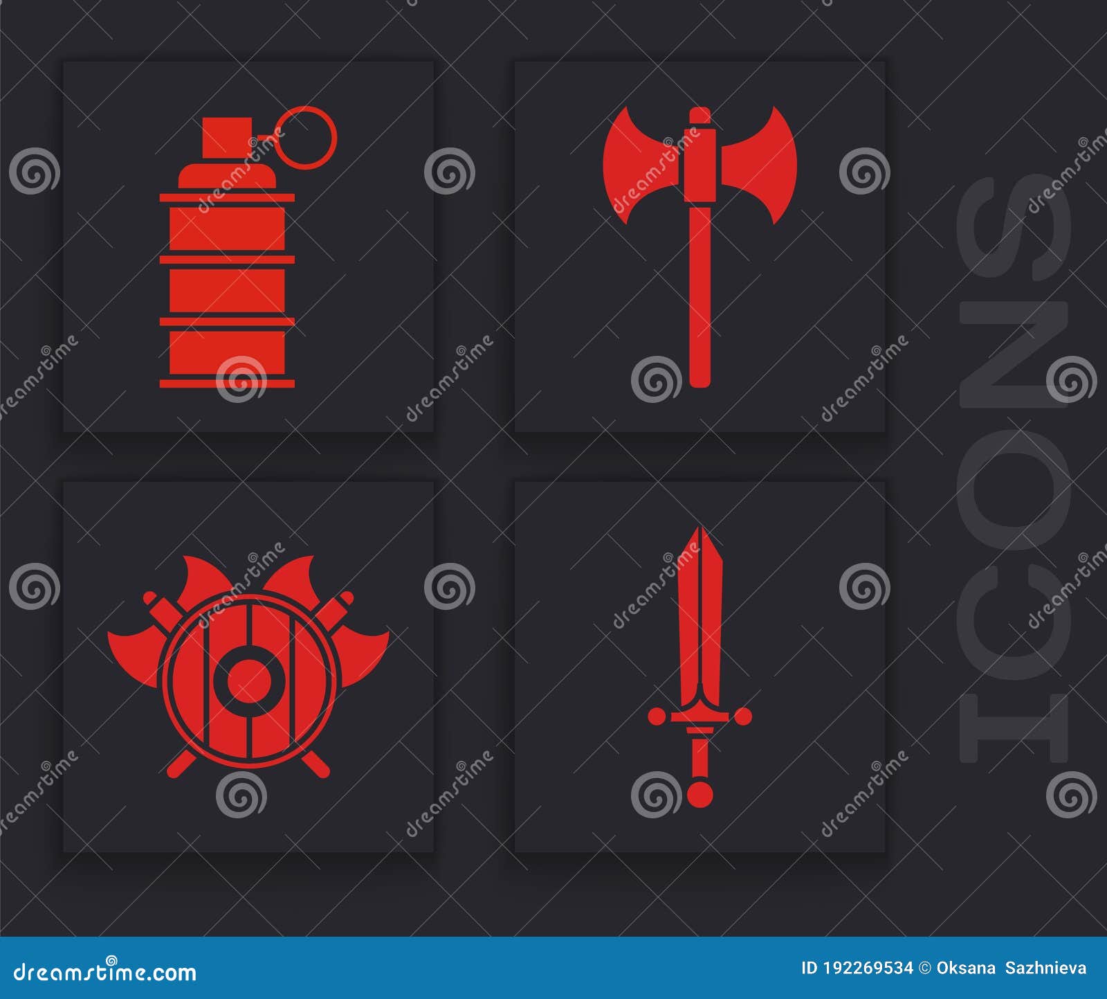 Sword, Hand Grenade, Cartridge, Nunchaki. Weapons Set Collection Icons ...