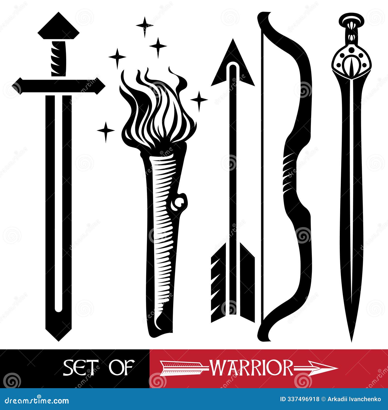 Set of Medieval Weapons, Swords, Bow and Torch Stock Illustration ...