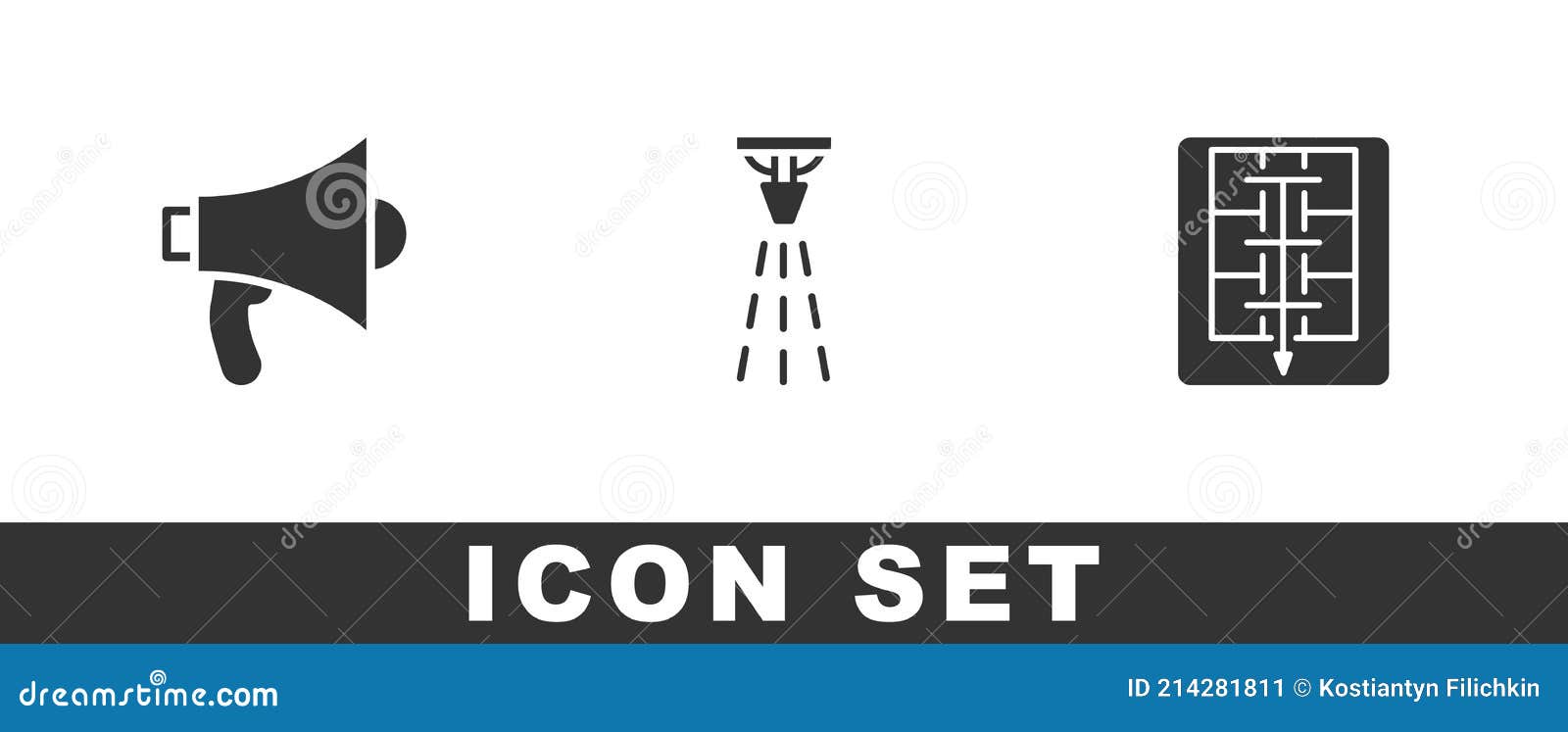 Set Megaphone, Fire Sprinkler and Evacuation Plan Icon. Vector Stock ...