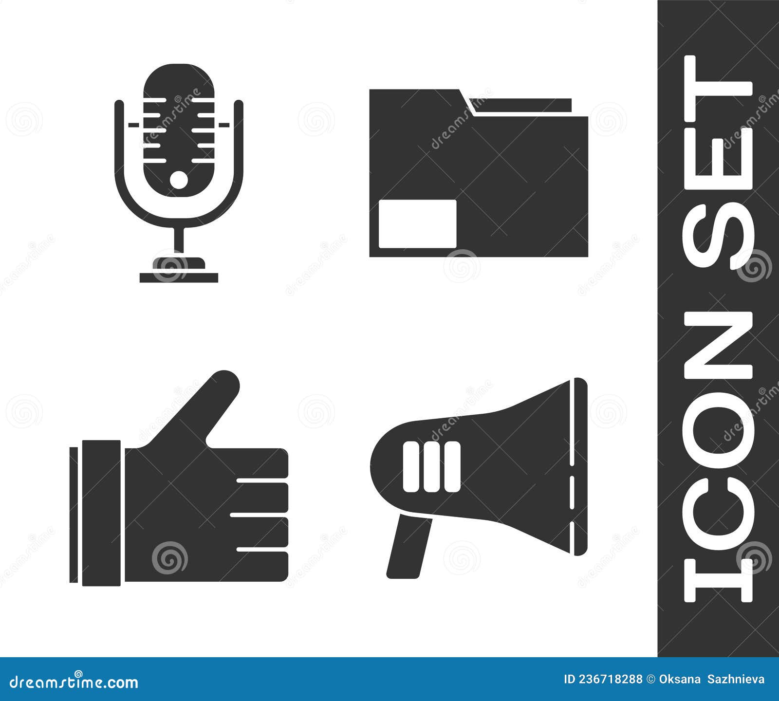 Set Megaphone, Microphone, Hand Like and Document Folder Icon. Vector ...