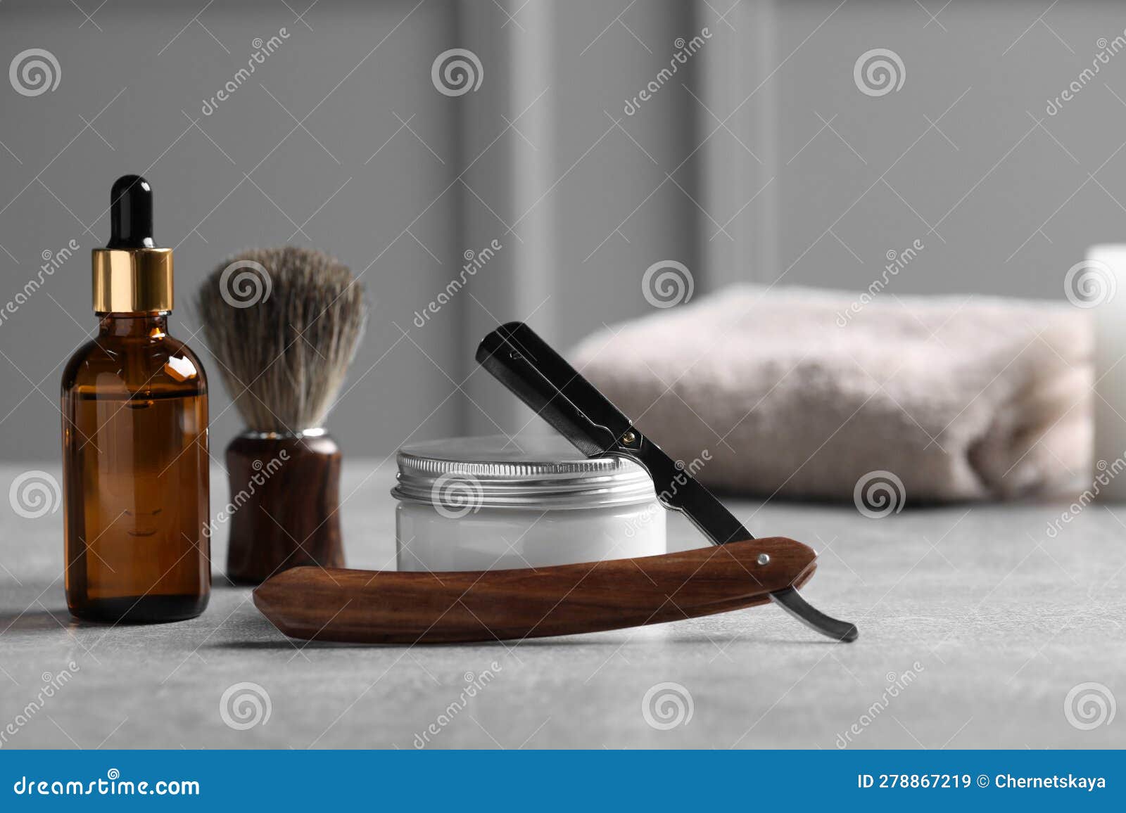 Set of Men S Shaving Tools on Grey Table Stock Image - Image of bristle ...