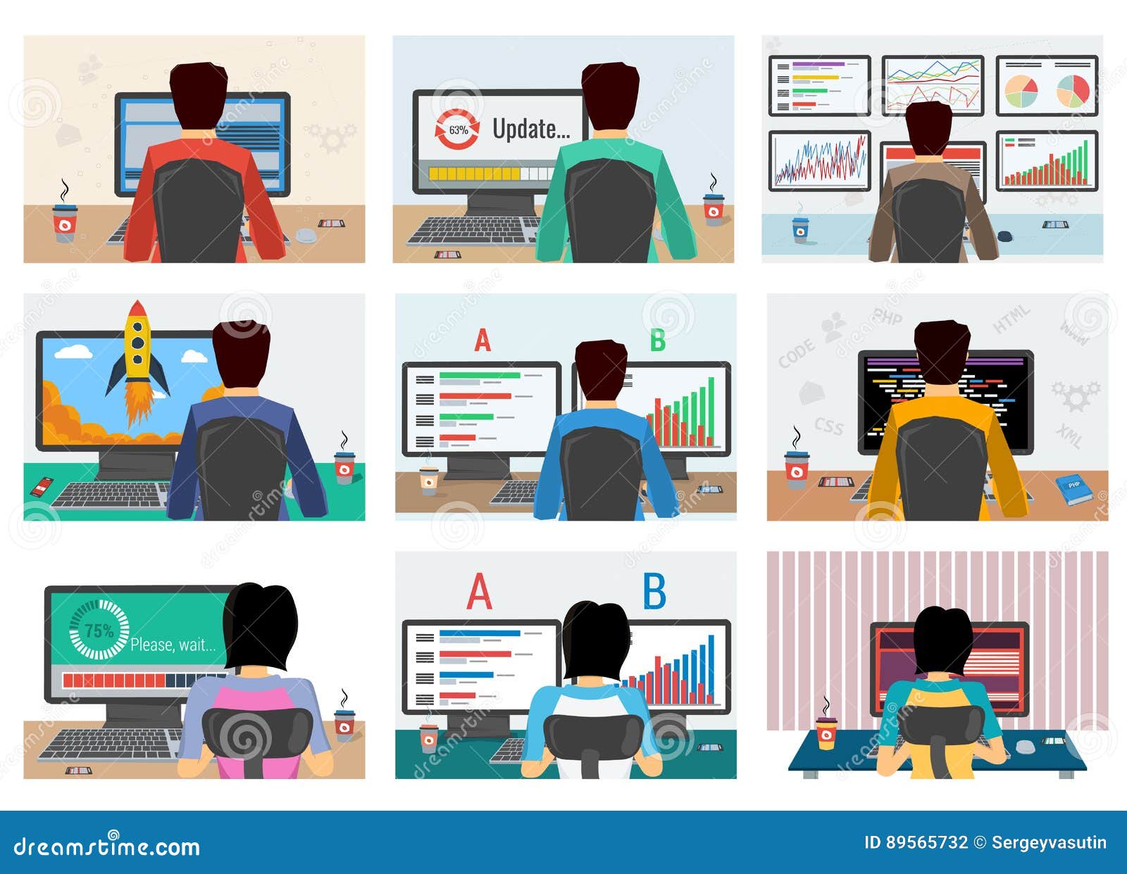 Set of Men and Women with Computer Stock Vector - Illustration of ...