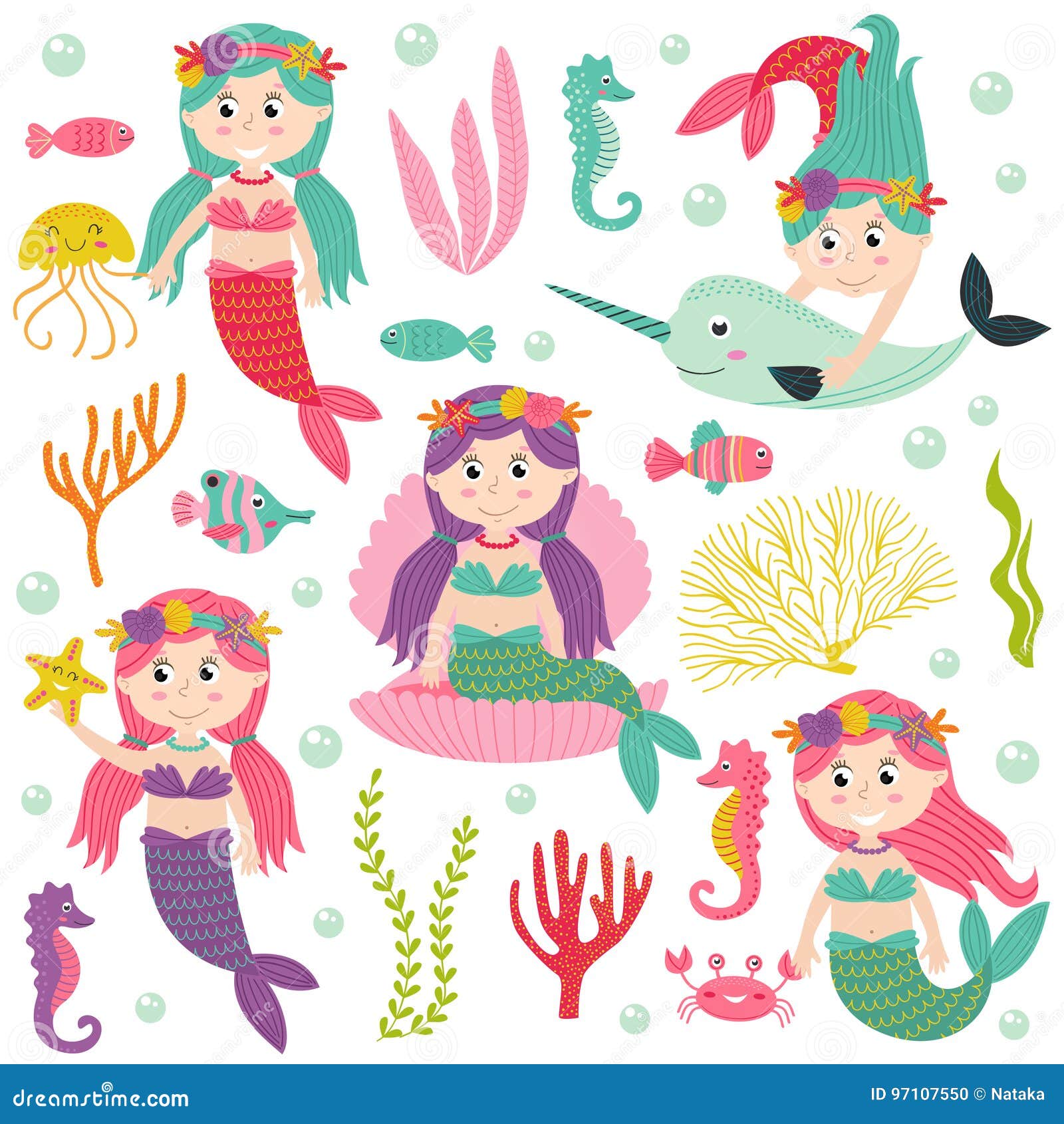 Mermaid, Sea Animals And Water Plants Vector Illustration ...