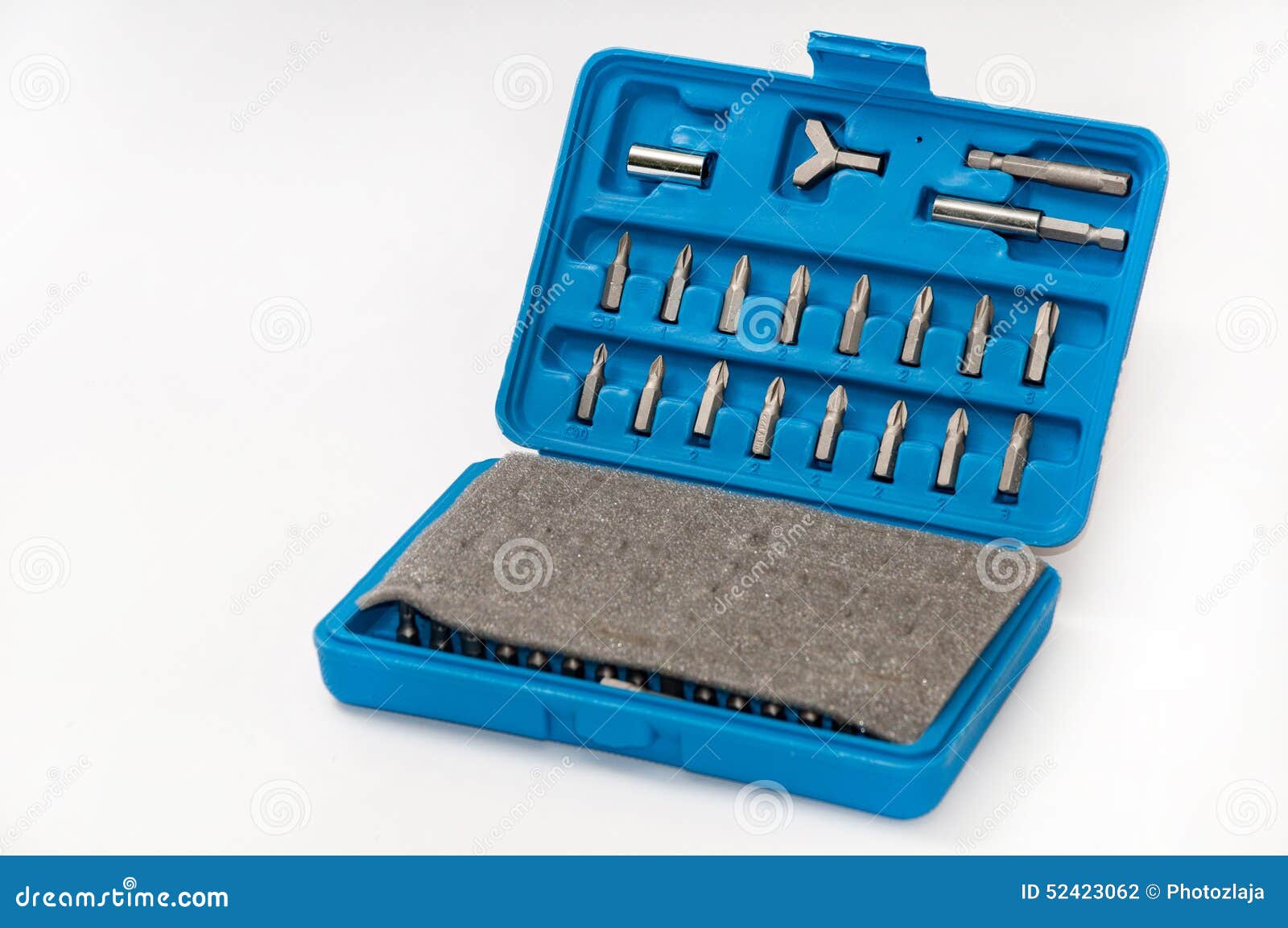 Set of Metal Bits in a Blue Plastic Box Stock Photo - Image of iron ...