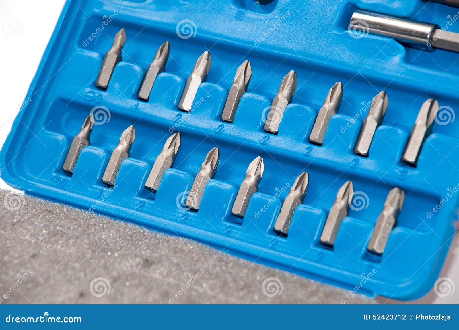 Set of Metal Bits in a Blue Plastic Box Stock Photo - Image of industry ...