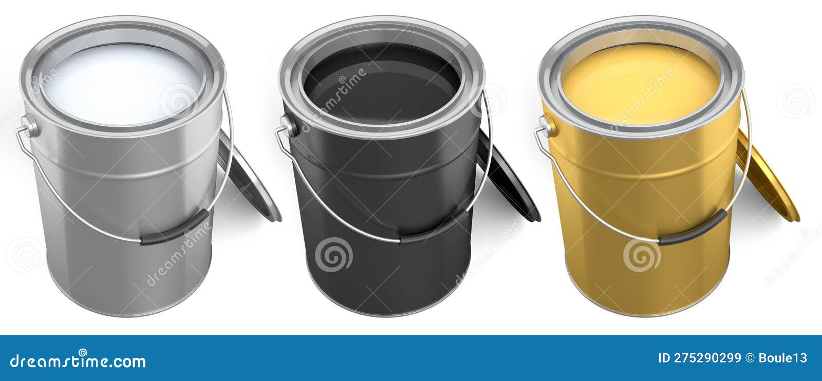 Set of Metal Cans or Buckets of Paint with Handle on White Background ...