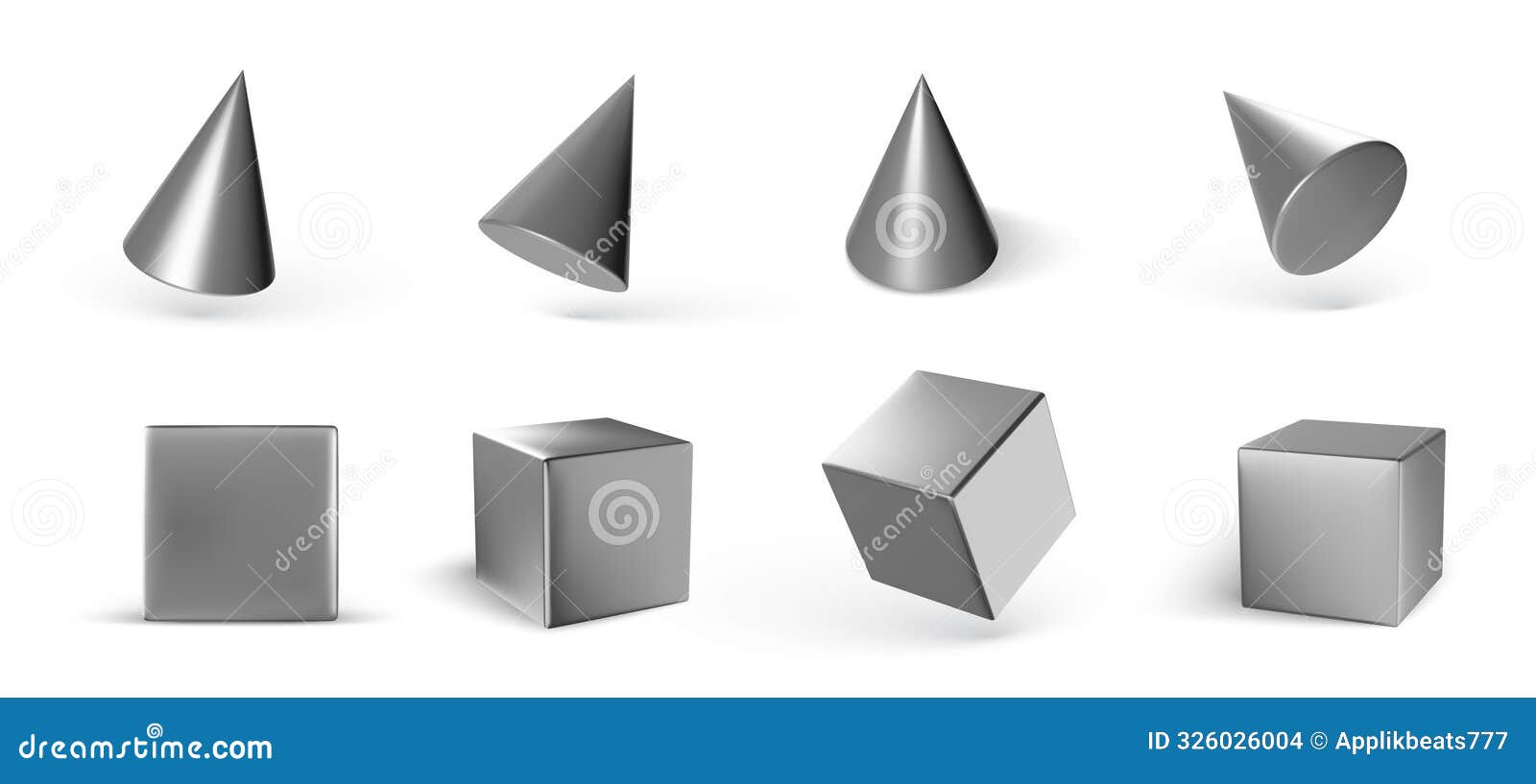 Set of Metal Geometric Cones and Cubes Isolated on White Background. 3d ...