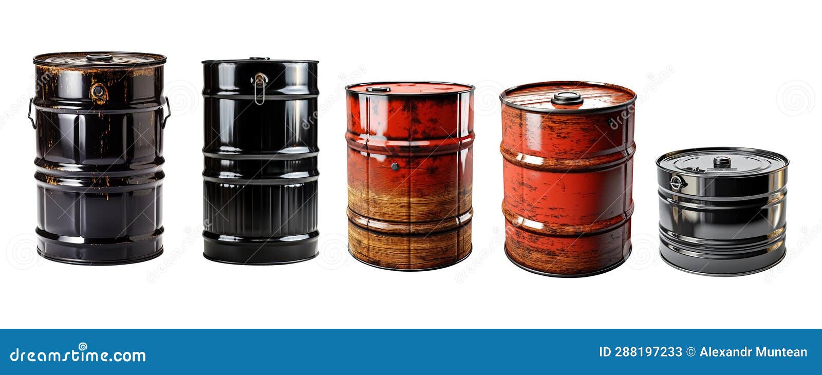 Set of Metal Oil Barrel Isolated on White Background, Panoramic Image ...