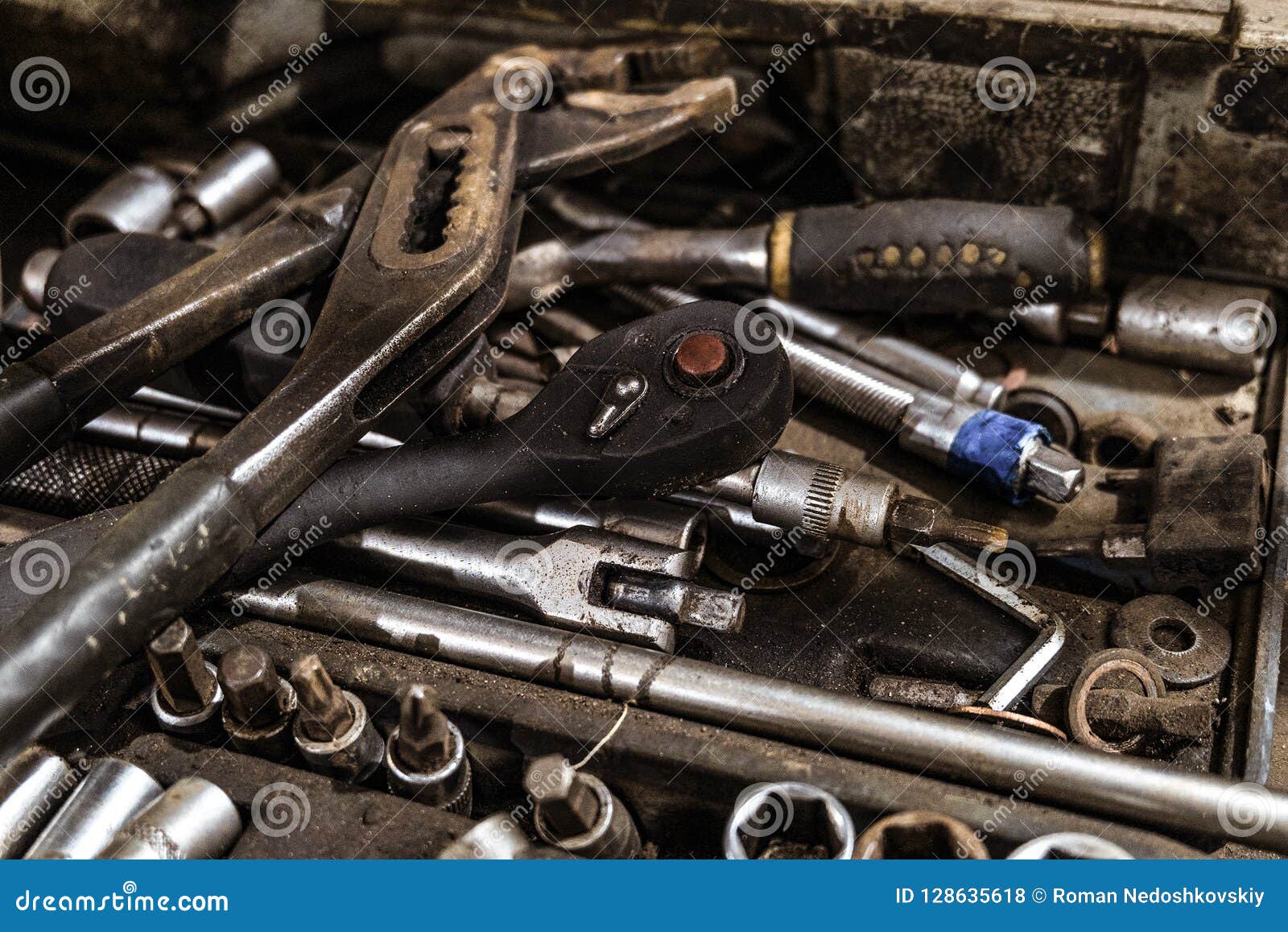 Set of metal tools in mess stock photo. Image of renovation - 128635618