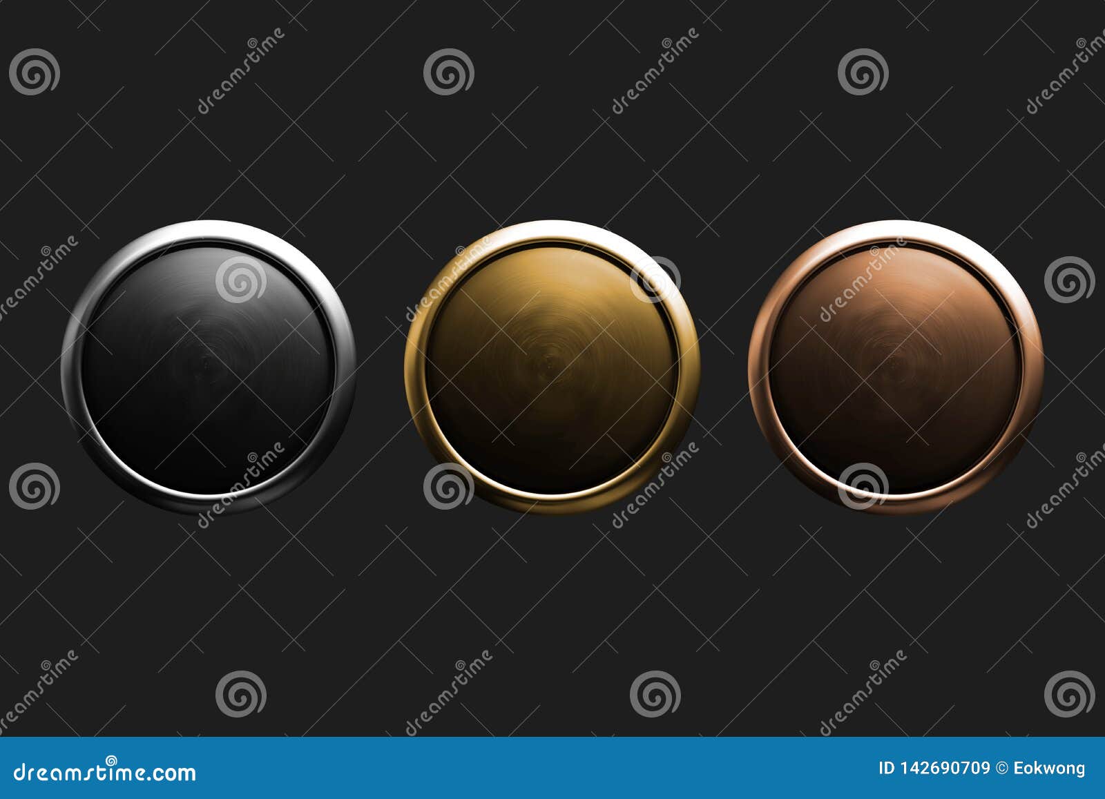 Shiny 3D Metallic Push Buttons in Silver, Gold and Bronze Colors, on a ...
