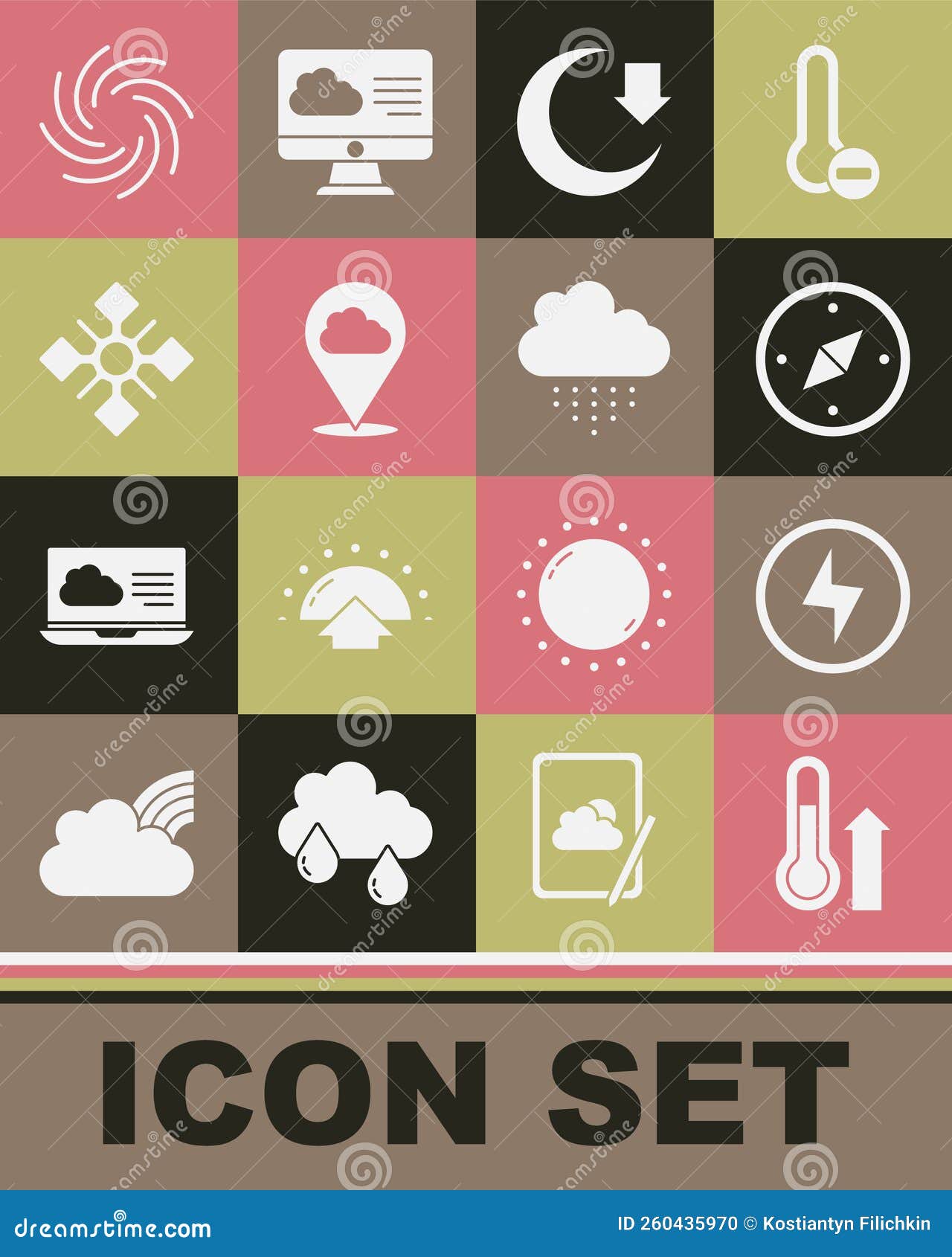 Set Meteorology Thermometer, Lightning Bolt, Compass, Moon, Location ...