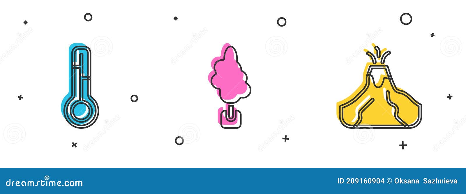 Set Meteorology Thermometer, Tree and Volcano Eruption with Lava Icon ...