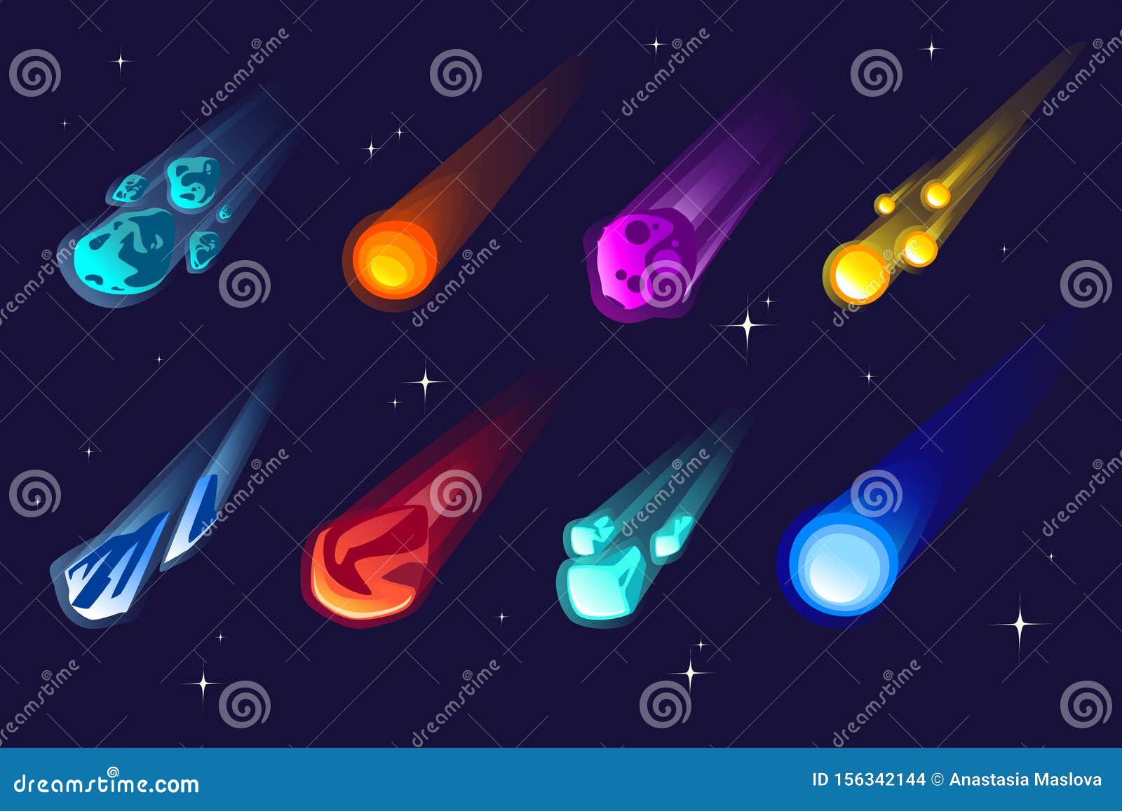 Set of Meteors and Comet with Different Colors and Shapes Flat Vector ...