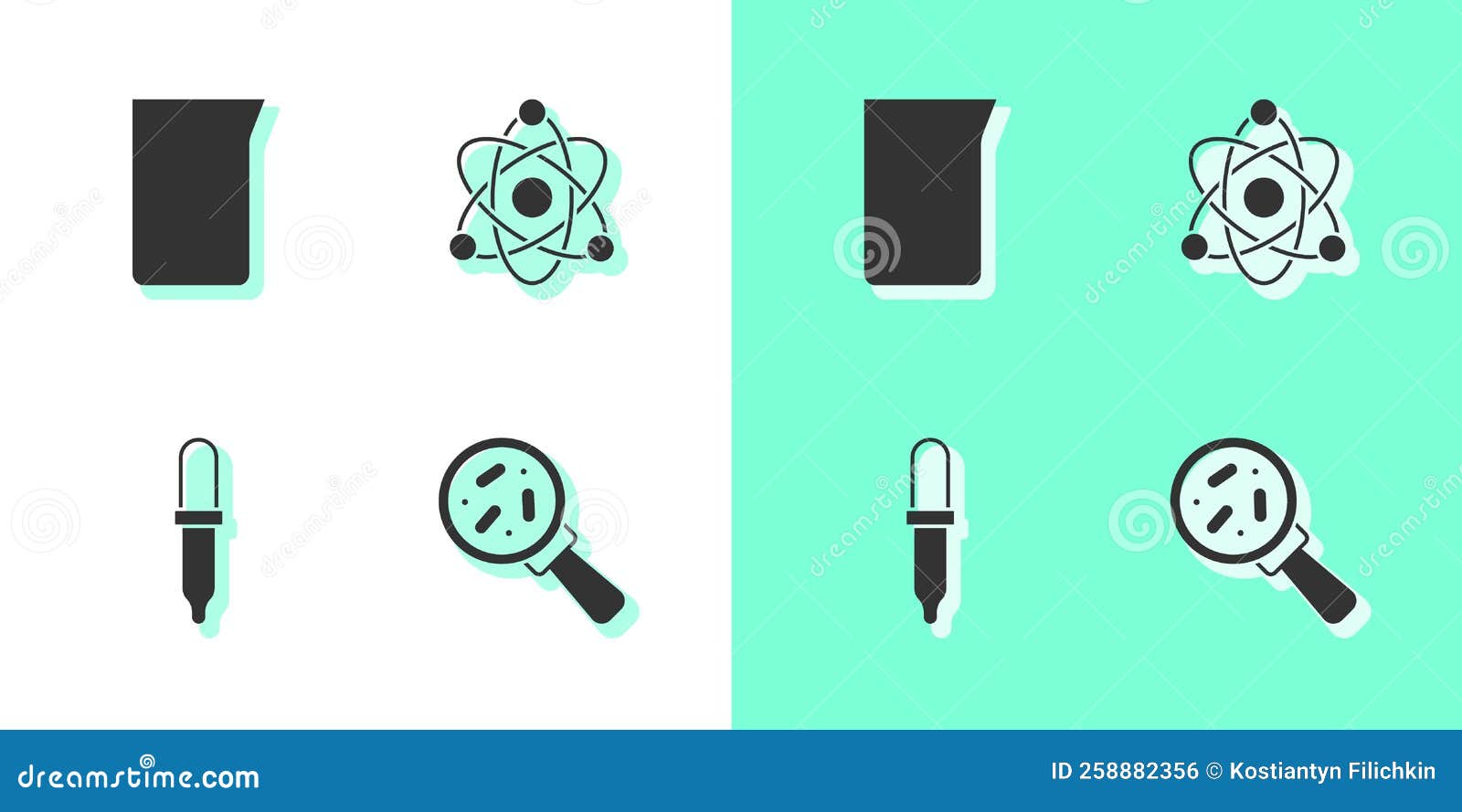 Set Microorganisms Under Magnifier, Laboratory Glassware Beaker ... Set Microorganisms Under Magnifier, Laboratory Glassware Beaker ...