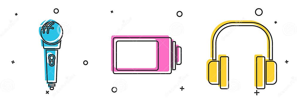 Set Microphone, Battery Charge Level Indicator and Headphones Icon ...