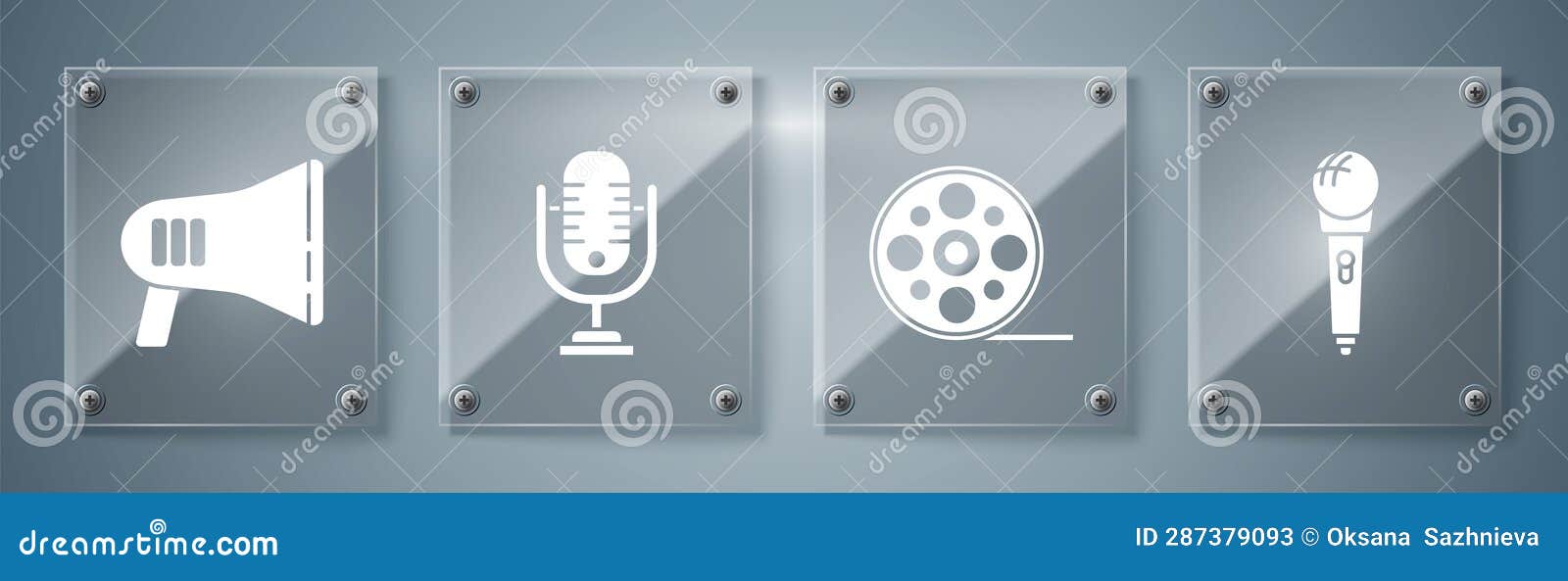 Set Microphone, Film Reel, Microphone and Megaphone. Square Glass ...