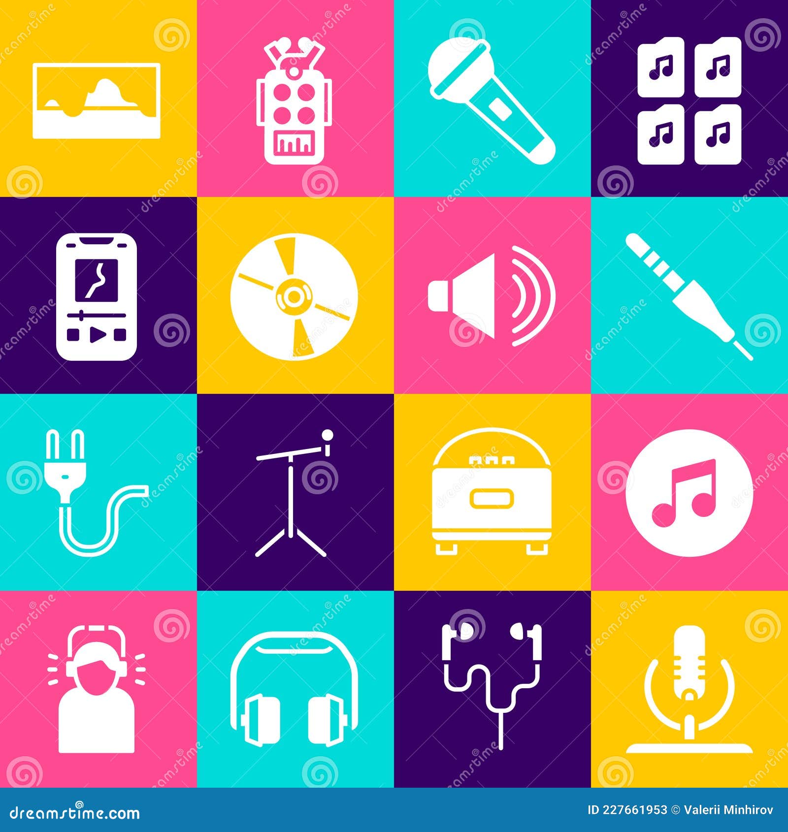 Set Microphone, Music Note, Tone, Audio Jack, CD Or DVD Disk, Player ...
