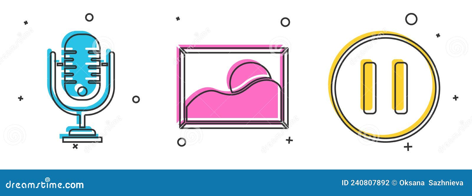 Set Microphone, Picture Landscape and Pause Button Icon. Vector Stock ...