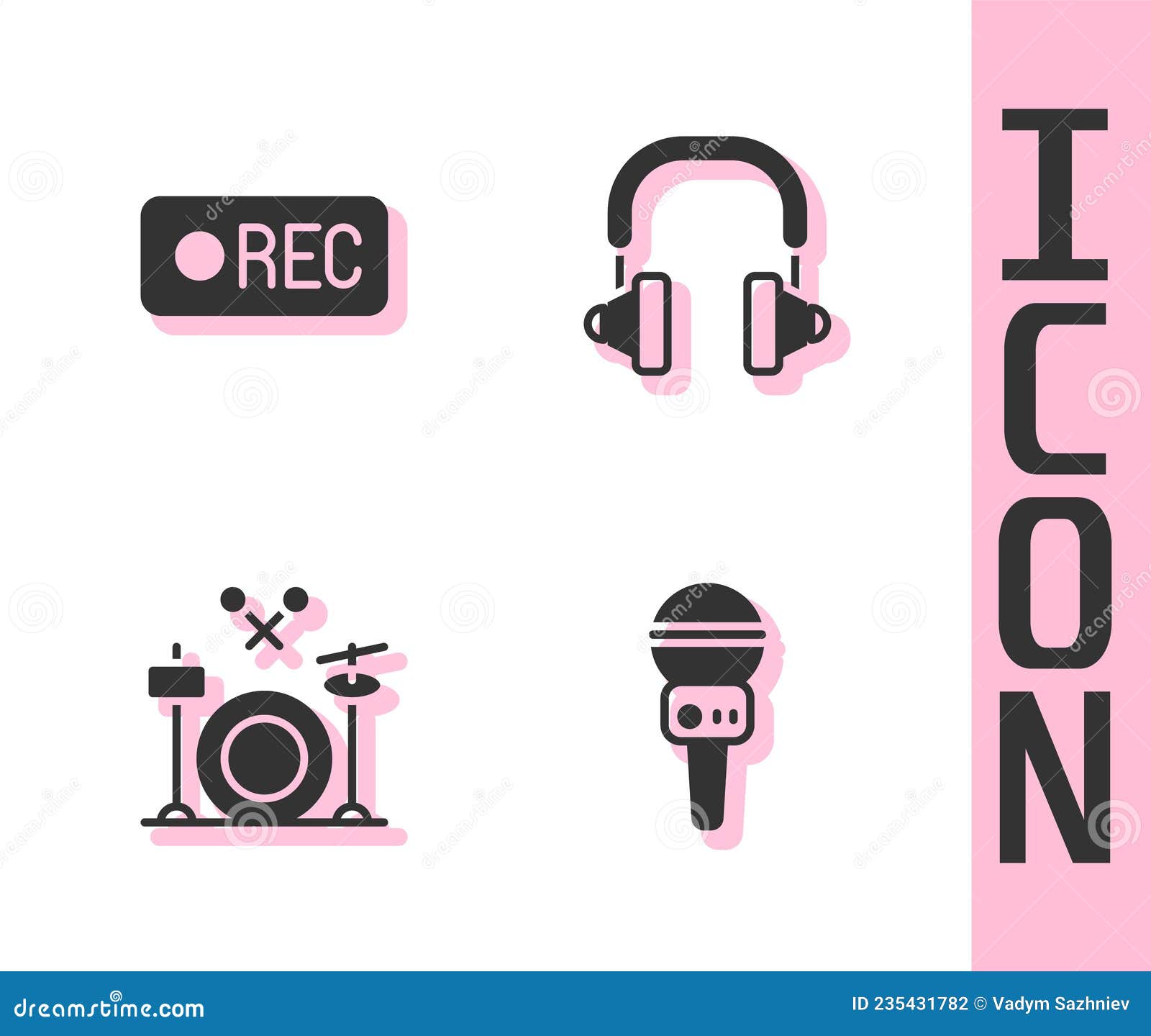 Set Microphone, Record Button, Drums and Headphones Icon. Vector Stock ...