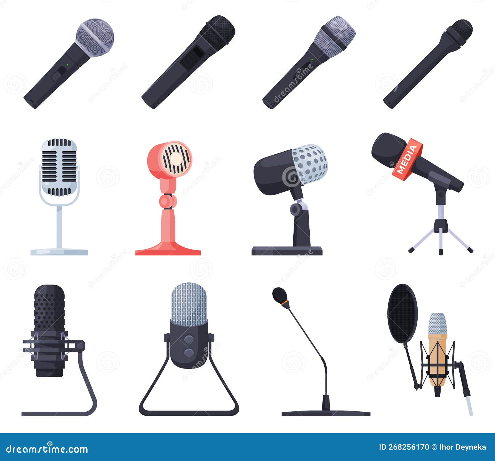 A Set of Microphones of Different Types. Audio Recording Tools. Vector ...