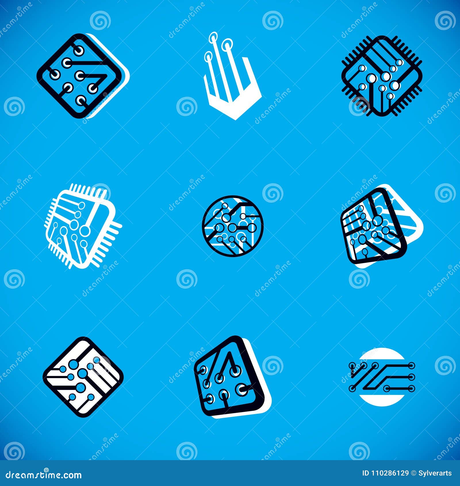 Set of Microprocessor Scheme Abstract Logotypes. Futuristic Cybernetic ...