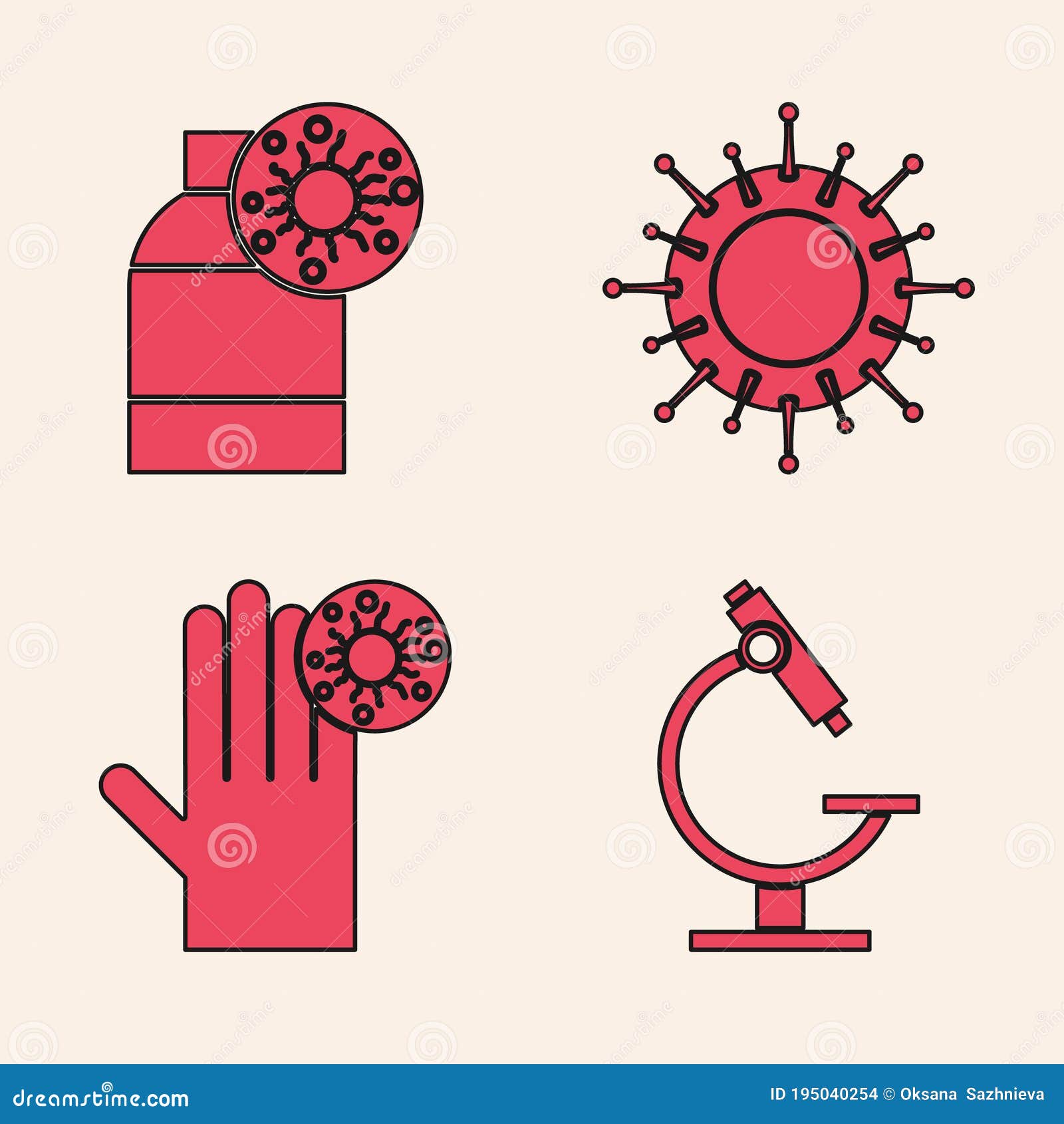 Set Microscope, Bottle with Virus, Virus and Hand with Virus Icon ...