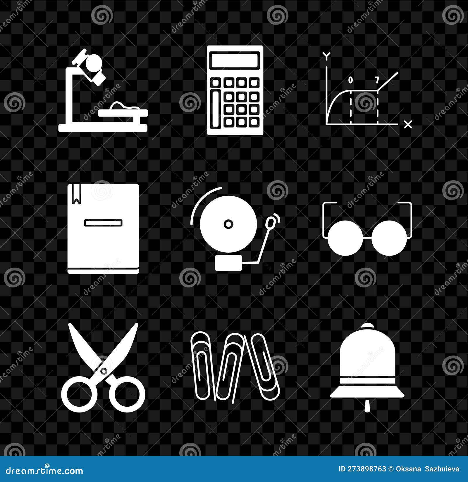 Set Microscope, Calculator, Pie Chart Infographic, Scissors, Paper Clip ...