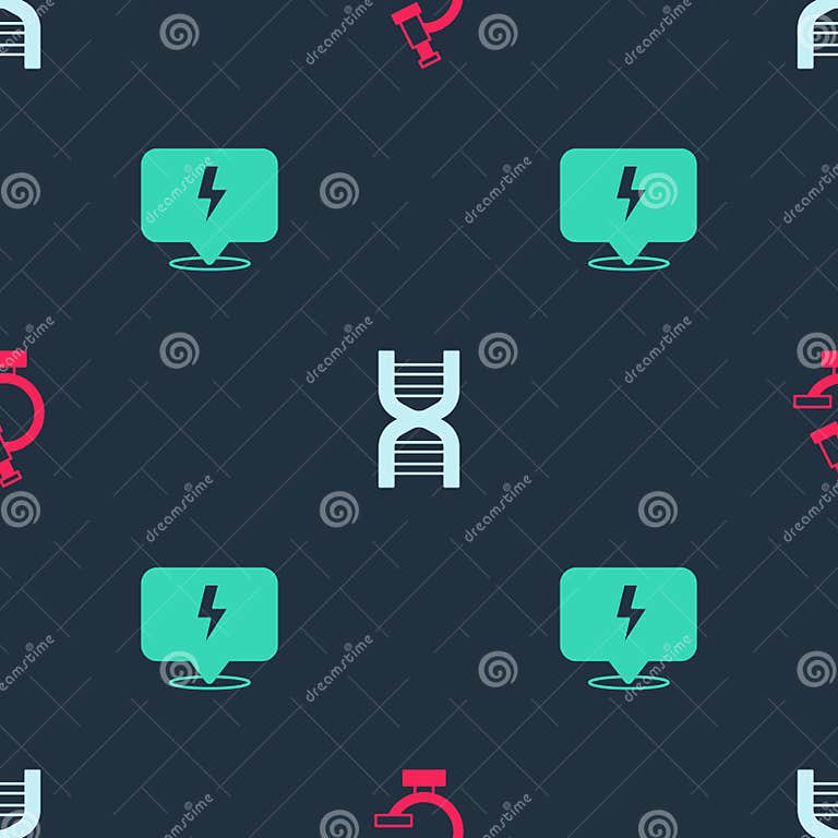 Set Microscope, DNA Symbol and Lightning Bolt on Seamless Pattern ...