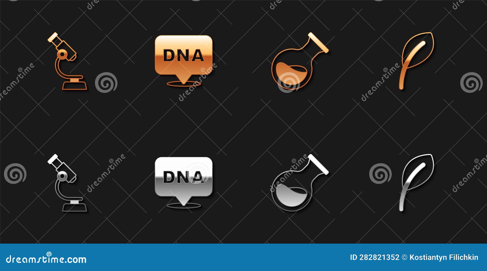 Set Microscope, DNA Symbol, Test Tube and Flask and Leaf or Leaves Icon ...