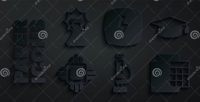 Set Microscope, Graduation Cap, Processor CPU, Calculator, Lightning ...