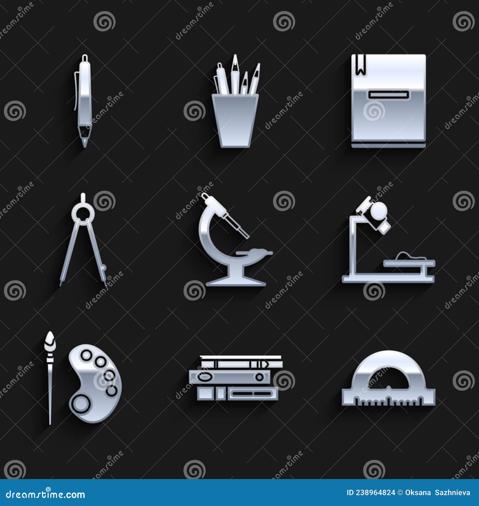 Set Microscope, Office Folders with Papers and Documents, Protractor ...