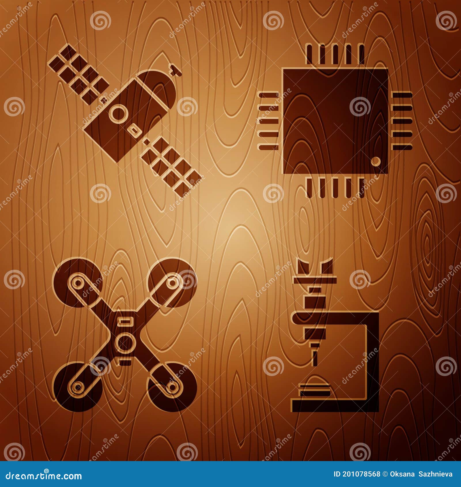 Set Microscope, Satellite, Drone Flying and Processor with Microcircuits CPU on Wooden ...