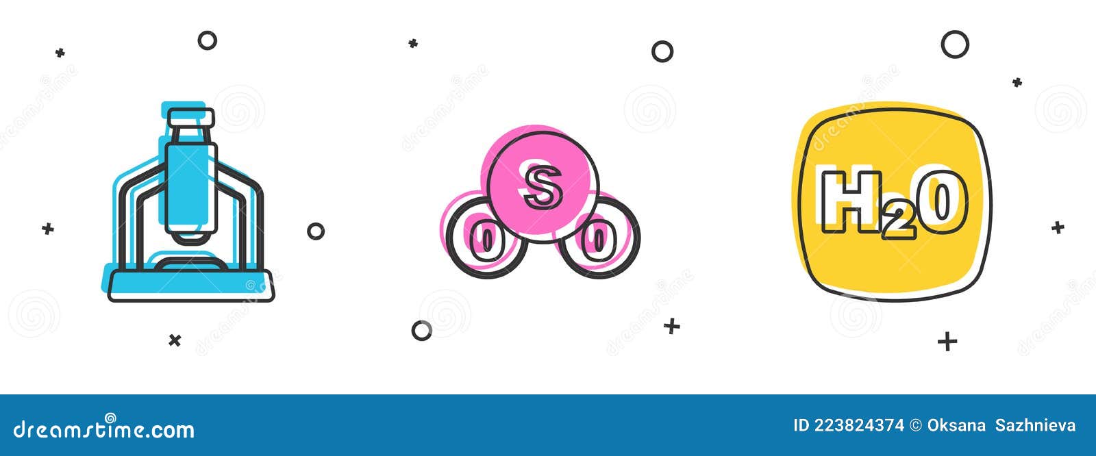 Set Microscope, Sulfur Dioxide SO2 and Chemical Formula H2O Icon ...