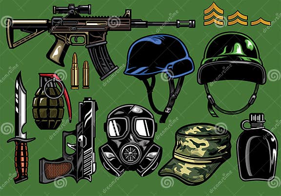 Set of military objects stock vector. Illustration of base - 107349149